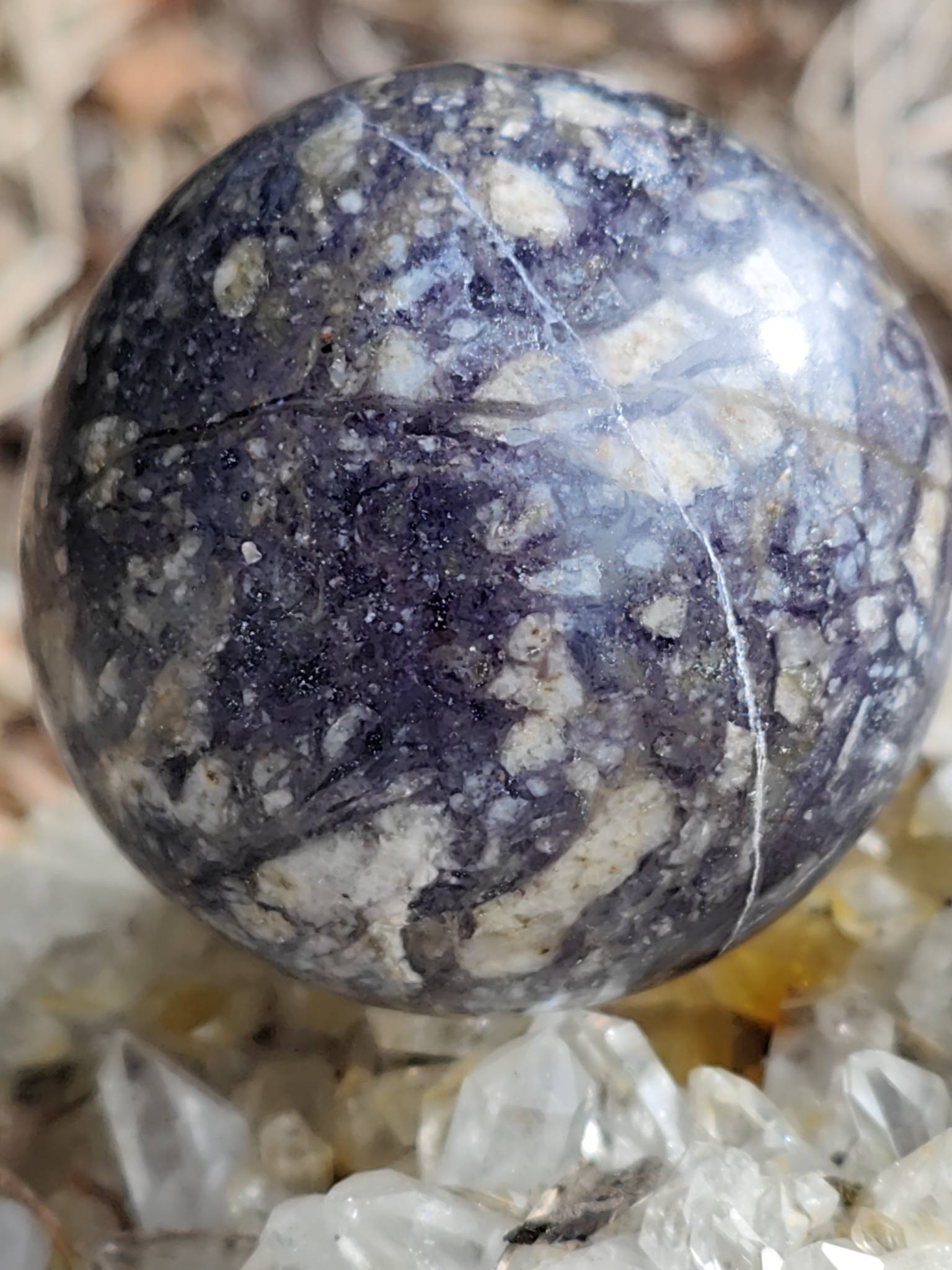 ST3014 Inkspill Sphere (brecciated granite with Fluorite infill) 52mm $27