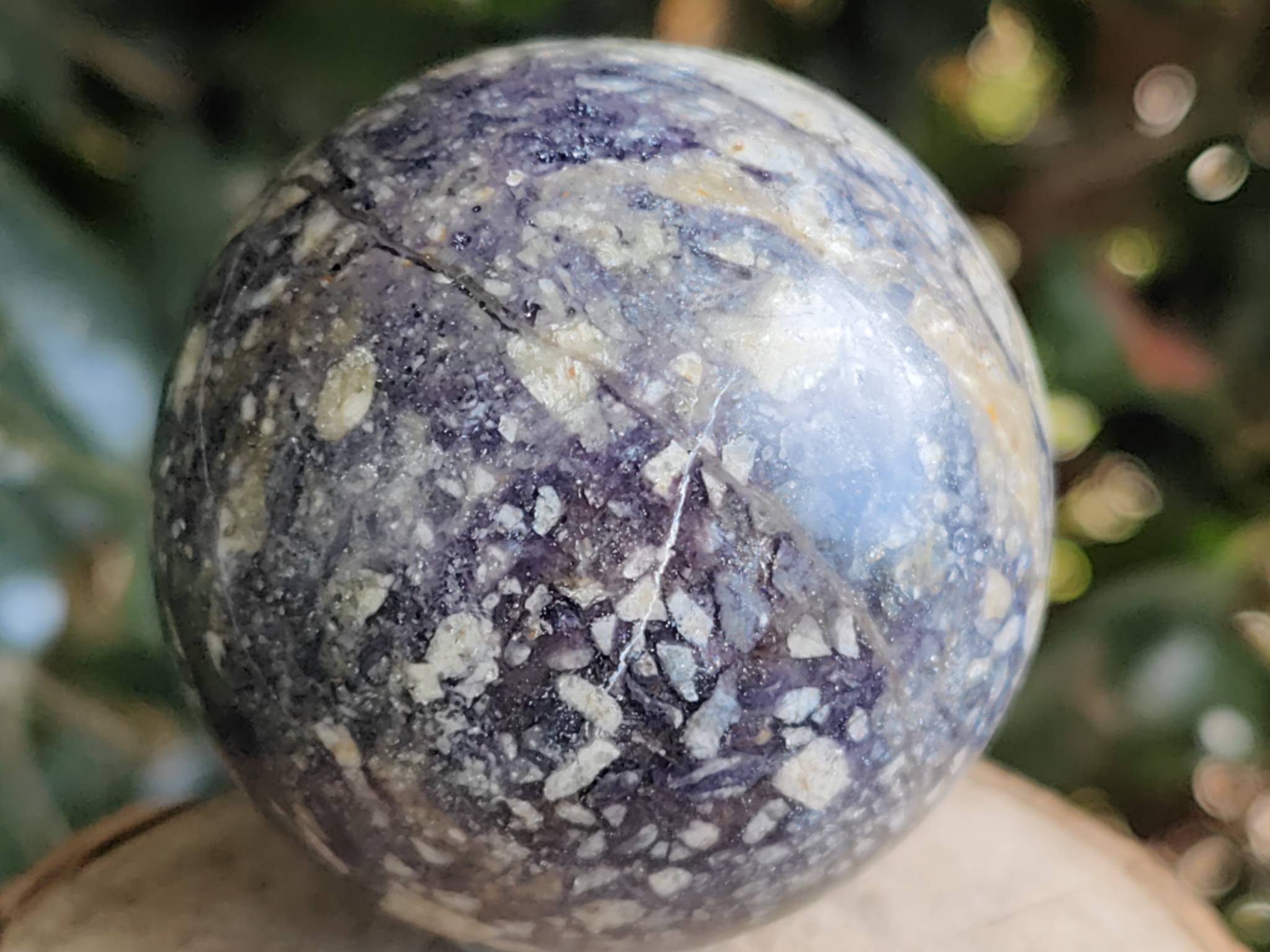 ST3014 Inkspill Sphere (brecciated granite with Fluorite infill) 52mm $27